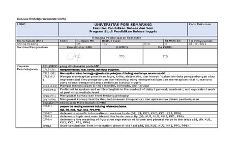 RPS Critical Reading Rencana Pembelajaran Semester RPS LOGO UNIVERSITAS PGRI SEMARANG