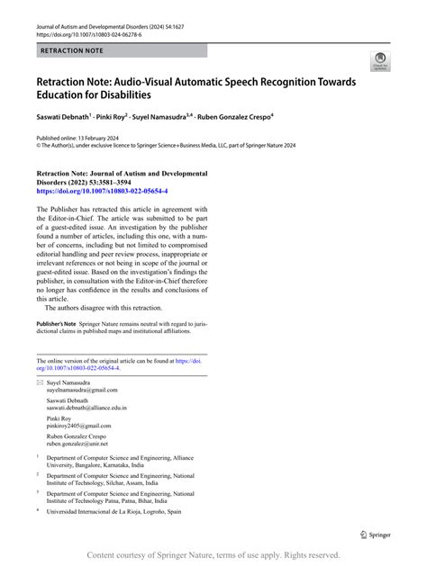 Retraction Note Audio Visual Automatic Speech Recognition Towards Education For Disabilities