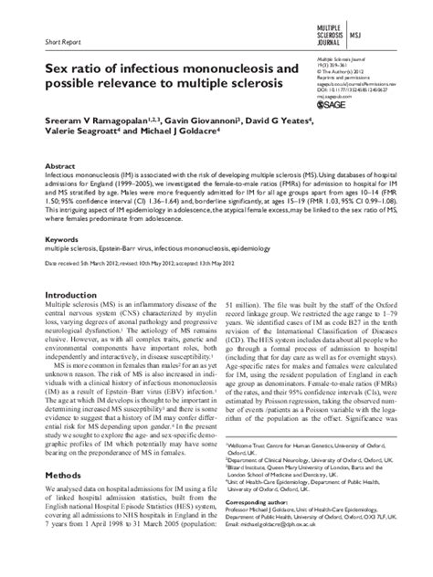 Pdf Sex Ratio Of Infectious Mononucleosis And Possible Relevance To