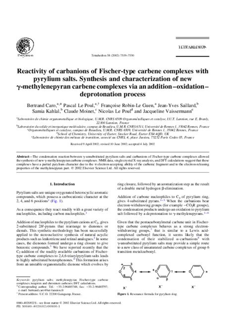 Pdf Reactivity Of Carbanions Of Fischer Type Carbene Complexes With Pyrylium Salts Synthesis