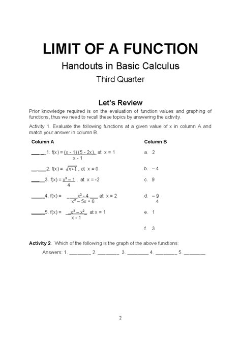 Different Kinds Of Limit Laws Limit Of A Function Handouts In Basic Calculus Third Quarter Let