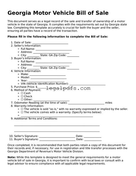 Georgia Motor Vehicle Bill Of Sale Template — Printable Pdf Form