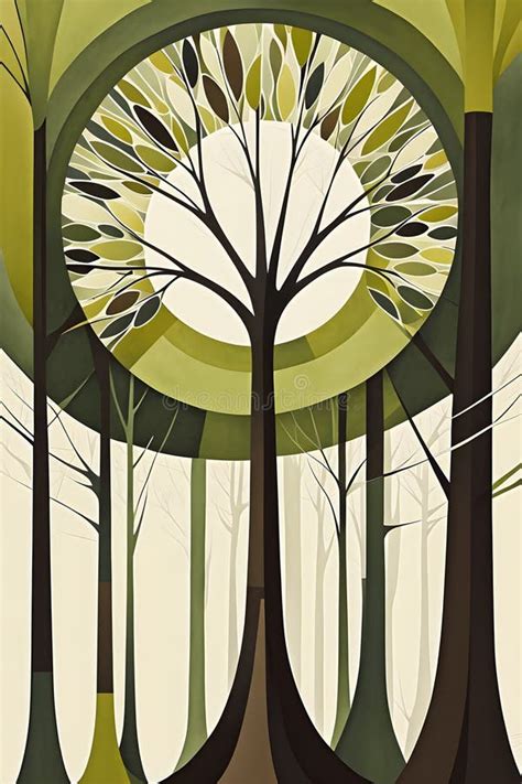 Abstract Geometric Tree With A Circular Canopy And A Rectangular Trunk In Limited Color Palette