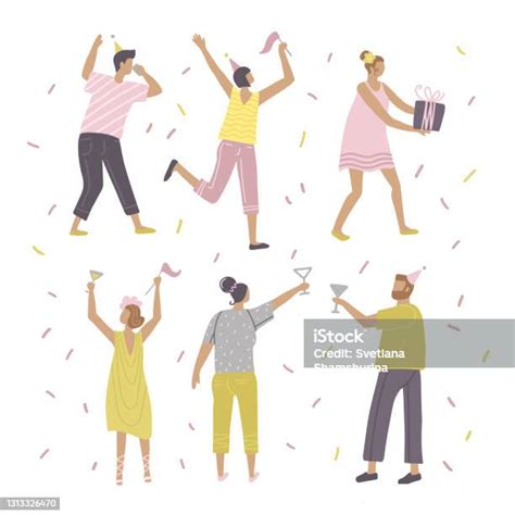 생일 파티에서 축하하고 춤을 추며 즐거운 시간을 보내는 행복한 사람들 캐릭터 다채로운 문자 세트 플랫 핸드 그린 벡터 일러스트레이션 가공의 인물에 대한 스톡 벡터 아트 및