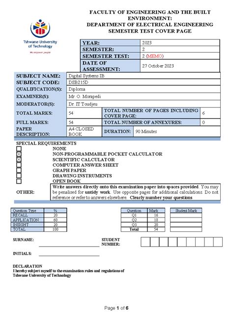 Semester Test 2 Memo Subject Name Digital Systems Ib Subject Code