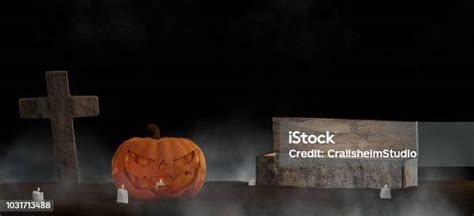 촛불 조명과 열린된 관 3d일러스트 레이 션과 함께 교차 하는 묘지와 할로윈 호박 할로윈 밤 0명에 대한 스톡 사진 및 기타 이미지 Istock