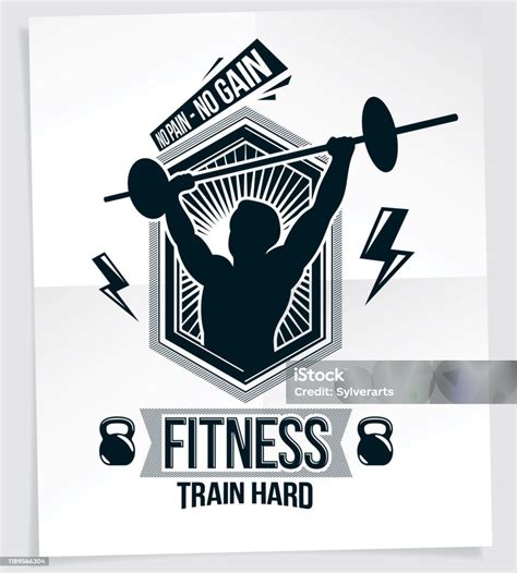 바벨 스포츠 장비를 들고 근육 보디의 벡터 일러스트로 만든 체육관 광고 전단지 고통도 없고 이득도 없습니다 Championship에 대한 스톡 벡터 아트 및 기타 이미지