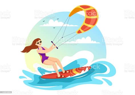 카이트서핑 일러스트레이션 카이트 서퍼는 익스트림 수상 스포츠 플랫 만화 손으로 그린 템플릿에서 여름 바다에서 카이트보드에 서