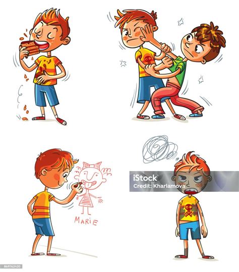 พฤติกรรมไม่ดี ตัวการ์ตูนตลก ภาพประกอบสต็อก ดาวน์โหลดรูปภาพตอนนี้ การก่อกวน อาชญากรรม การ