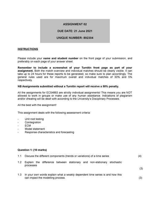 Advanced Econometric Assignment 02 Due Date 21 June 2021 Unique Number 892304 Instructions