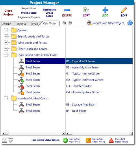 calculation modules linked loads status badges and linked load