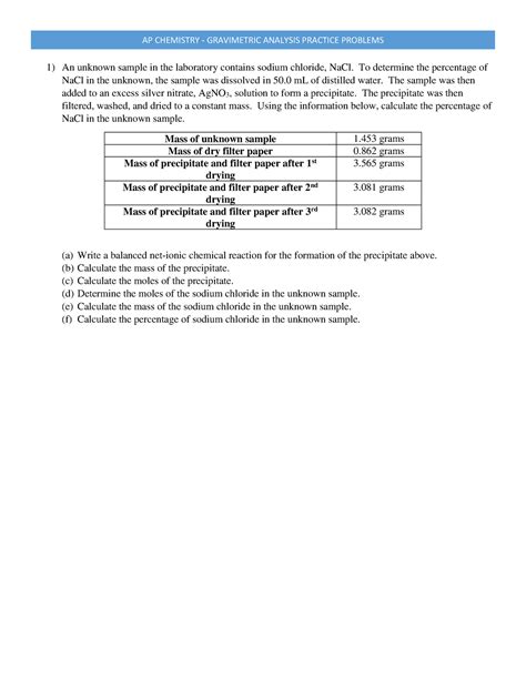 Gravimetric Analysis Sample Problems An Unknown Sample In The Laboratory Contains Sodium