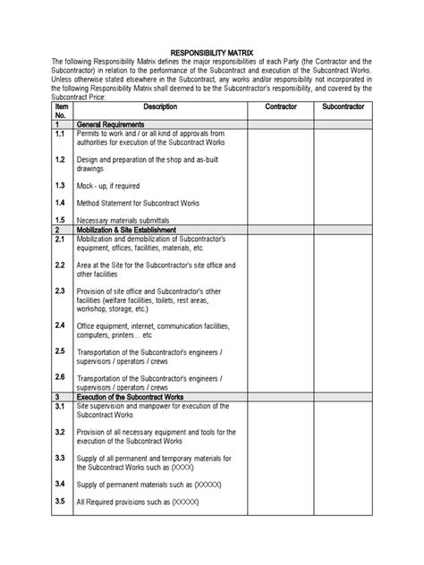 Responsibility Matrix Pdf Subcontractor