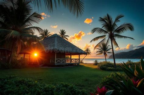 Samoan Sunset And Traditional Fale Stock Illustration Illustration Of