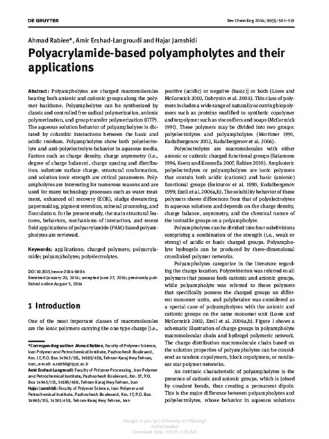 Pdf Polyacrylamide Based Polyampholytes And Their Applications