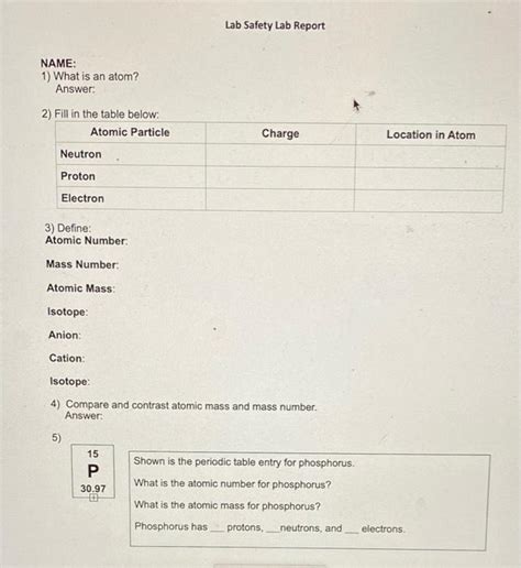 Solved Lab Safety Lab Report NAME What Is An Atom Chegg Com