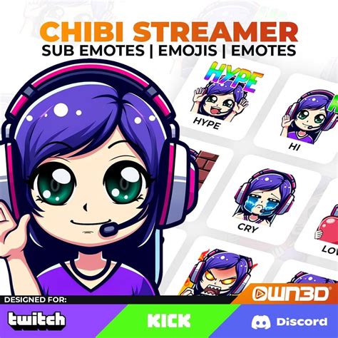 Chibi Streamer Violet Animated Sub Emotes 8 Pack Twitch Kick