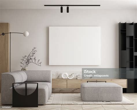 현대적인 인테리어 배경 거실 스칸디나비아 스타일 3d 렌더 3d 일러스트레이션의 포스터 프레임을 모의 0명에 대한 스톡 사진 및