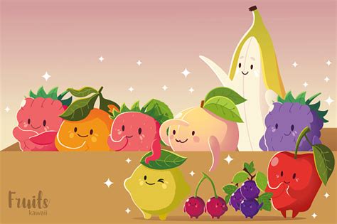 과일은 가와이이 재미있는 얼굴 사과 바나나 체리 포도 딸기 레몬 복숭아 가공의 인물에 대한 스톡 벡터 아트 및 기타 이미지 가공의 인물 건강한 생활방식 건강한 식생활