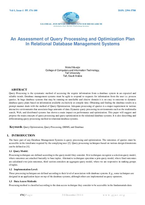 Pdf An Assessment Of Query Processing And Optimization Plan In