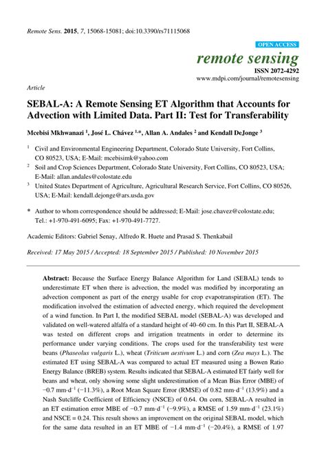 Pdf Sebal A A Remote Sensing Et Algorithm That Accounts For Advection With Limited Data Part