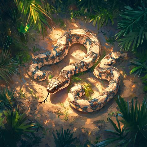 뱀 한 마리가 땅 위를 기어가며 2025라는 숫자를 형성하는 모습 뱀의 비늘이 햇빛에 반짝이고 주변에는 자연 풍경이 펼쳐져 있는 장면 부드러운 색감과 생동감 넘치는