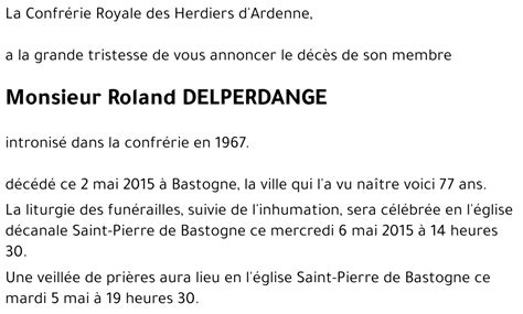 Avis De Décès De Roland Delperdange Décédé Le 02 05 2015 à Bastogne