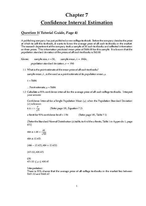 Chapter 7 Confidence Interval Exercises Chapter 7 Confidence Interval Estimation Question 1