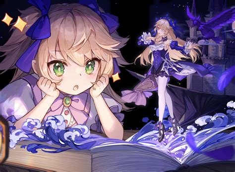 Скачать обои замок фантазия девочка книга ворон Эми Genshin