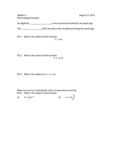 Rearranging Formulae Pdf