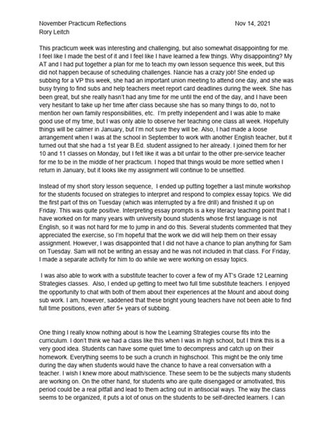 November Practicum Week Reflection Pdf Teachers Learning