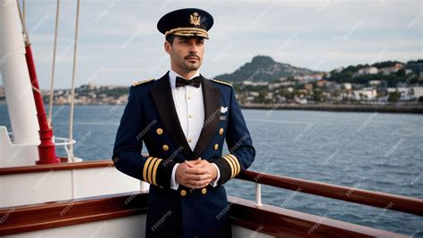 Naval Captain In Uniform Stands Proudly On Ship Deck Looking Out To Sea Premium Ai Generated Image