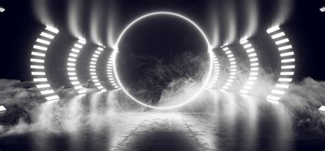 스모크 공상 과학 소설 미래 원 배경 화이트 네온 빛 큰 거 대 한 어두운 빈 그런 지 콘크리트 긴 홀 갤러리 룸 터널 복도 스포트라이트 빛나는 3d 렌더링 0명에 대한