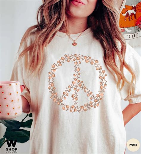 Hippie Peace Sign Shirt Boho Peace Oversized Tee Floral Peace Symbol