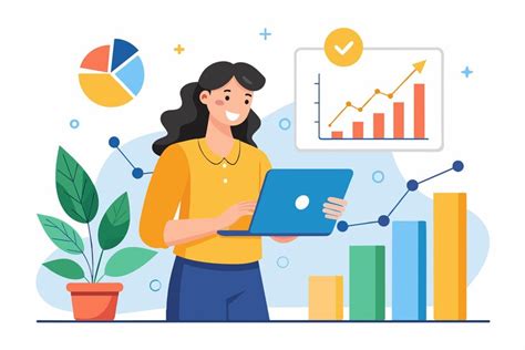 Premium Vector A Woman Stands Holding A Laptop Analyzing Data On A Chart Displayed In Front Of