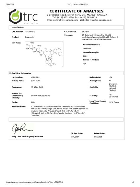 Coa Doramectin Pdf Scientific Techniques Physical Chemistry