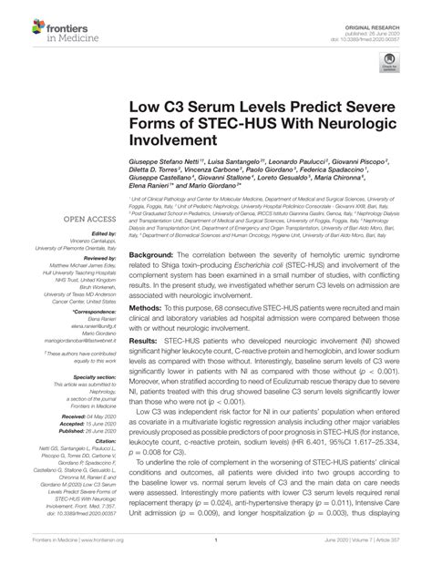 Pdf Low C3 Serum Levels Predict Severe Forms Of Stec Hus With