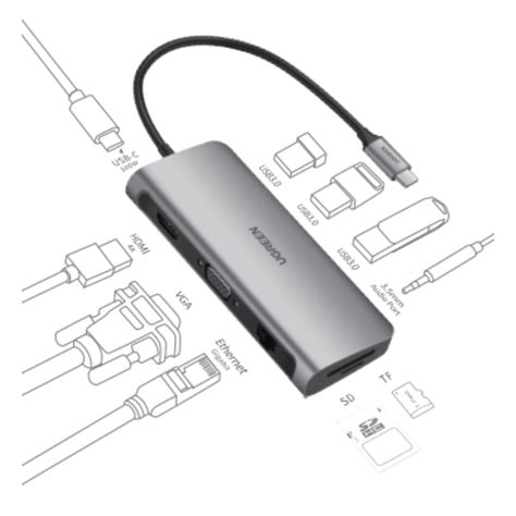 Usb C To 3 Usb 3 0 A Hdmi Vga Rj45 Gigabit Sd Tf Aux3 5mm Pd Converter