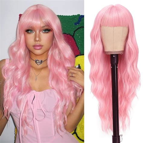 Nayoo Pink Wigs With Bangs Long Curly Wavy Synthetic