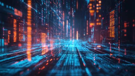 Abstract Digital Data Stream In Glowing Blue And Orange Lights Stock