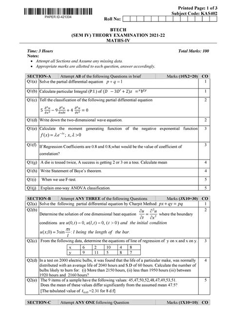 Btech As Sem Maths Kas Printed Page Of Subject Code KAS Roll No