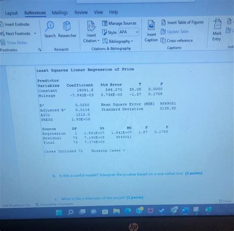 solved least squares linear regression of price b is this a