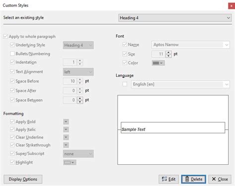Deleting Custom Styles To Delete An Existing Custom Style Click On