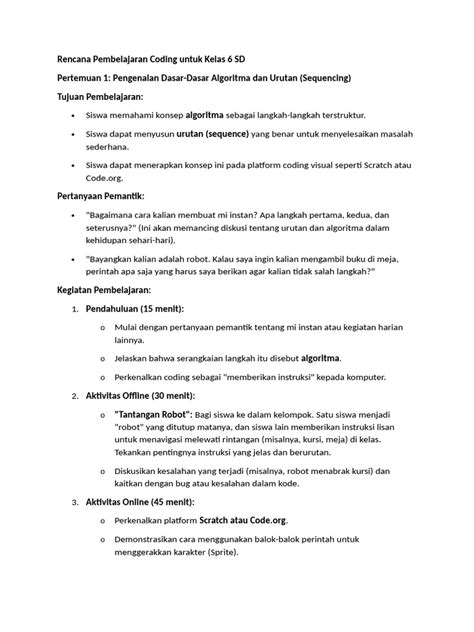 Rencana Pembelajaran Coding Kelas 6 Sd Pdf