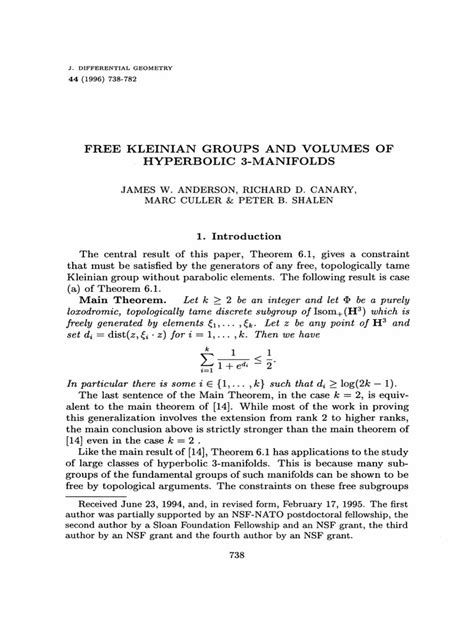 Free Kleinian Groups And Volumes Of Hyperbolic 3 Manifolds Pdf Group Mathematics Manifold