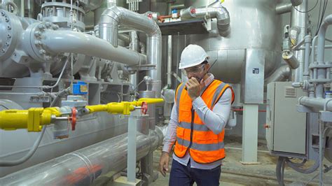 엔지니어 또는 노동자 산업 공장에서 일하는 사람들 건물에 냉각기 타워 또는 냉각 탑 시스템 작업 기계 응축기 물 공급 및 반환 파이프 라인 환기 압축기 30 34세에 대한