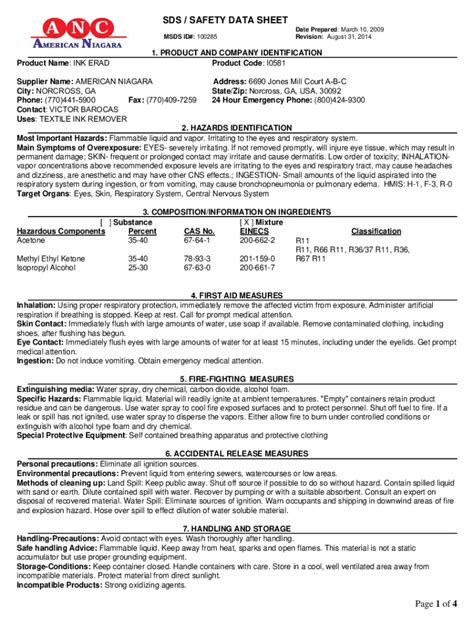 Fillable Online Sds Safety Data Sheet Fax Email Print Pdffiller