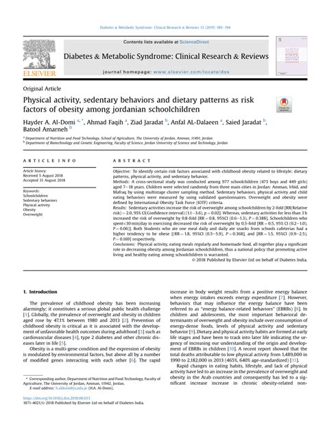 Pdf Physical Activity Sedentary Behaviors And Dietary Patterns As Risk Factors Of Obesity