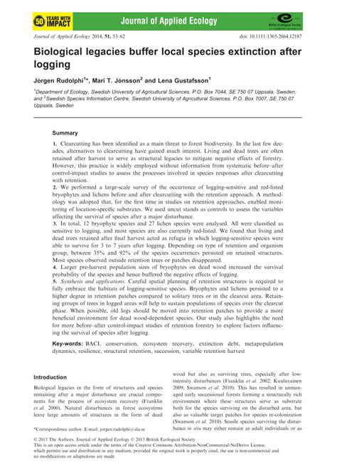 Pdf Biological Legacies Buffer Local Species Extinction After Logging