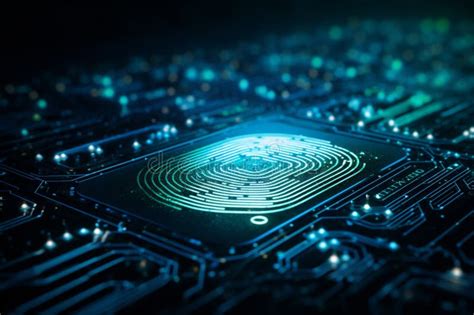 fingerprint scan and binary code on a deep blue background stock